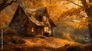 A secluded cottage nestled a the golden trees its cozy windows peeking out from a blanket of fallen leaves.