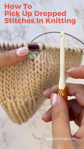 2K views · 13 reactions | Learn how to pick up dropped stitches in knitting with this video tutorial. Check out the full tutorial here - https://www.handylittleme.com/how-to-pick-up-a-dropped-knit-stitch/ #Knitting #howto #videotutorial #freeknittingpattern #tutorial #knittingtutorial | Handy Little Me | Facebook