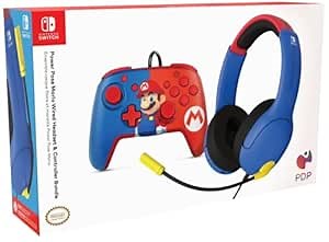 PDP Gaming Bundle Kit: AIRLITE Wired Headset with Mic + REMATCH Wired Pro Controller, Officially Licensed Nintendo Switch/Lite/OLED, Super Mario Dash (Red & Blue)