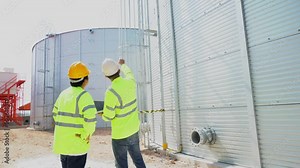 Teamwork civil engineer plan the construction of water tanks steel metal sheet for tap water water storage of industrial estate. Utilities of industry.