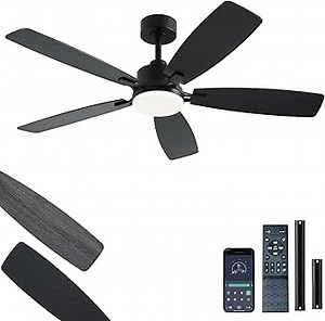 52 Inch Ceiling Fans with Lights, Black Ceiling Fan and Remote/App Control, 2 Downrods, DC Reversible, Noiseless, Dimmable, 5 Dual-Sided Blades Modern Ceiling Fan for Indoor/Outdoor Use