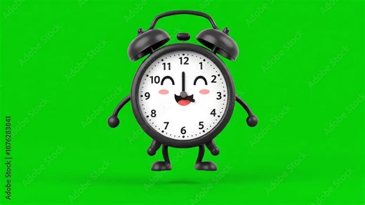 Happy Cartoon Alarm Clock Character with Cute Face on Green Screen.