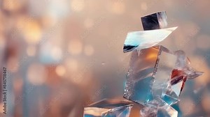 A detailed, close-up photo capturing shattered glass pieces reflecting light. The image features jagged edges and a blurred background, emphasizing the sharpness and fragility of the glass.