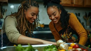 Two women in a kitchen, preparing food together. They are standing at the counter with various vegetables and ingredients.