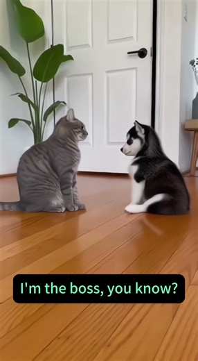 Cat taps husky's head like 'I run this place' 😹 #cat #husky #shorts