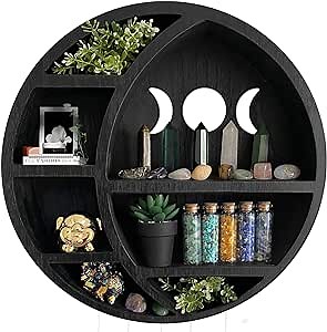 Ella & Emma Wooden Moon Shelf for Crystals - Crescent Moon Crystal Shelf, Storage & Wall Hanging Shelves for Bedroom Aesthetic, Moon Phase Wall Decor & Crystal Display Shelf, Pinewood, Black
