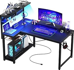 Homieasy Small Gaming Desk with Power Outlets Pegboard LED Light, 43 Inch L Shaped Computer Desk with Monitor Stand Storage Shelves, Reversible Corner Desk with Headset Hooks, Carbon Fiber Black
