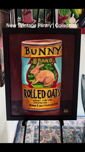 These are the 1st four paintings in my new “Vintage Pantry” Collection. Each one is a painting replica of a food from the past. Bunny Rolled Oats, A can of vintage blackberries, a packet of carrot seeds, and a tin of nutmeg. Janesayersart.com Link in bio #vintage #retro #pantry #painting #artist