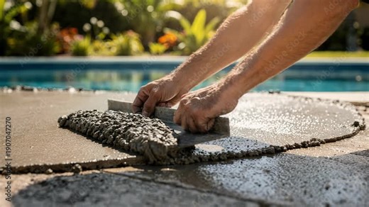 Close-up of hands using a trowel to spread and level wet concrete on an outdoor patio beside a swimming pool in sunlight.