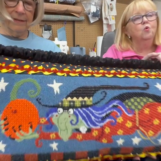 We get to highlight another of our amazing finishers, Sharon! Sharon brought Barbara's pillow design to life with this pillow! Barbara and Sharon talk about the design and techniques to make this pillow. The pillow was stitched by one of our amazing customers, Angie! 🧙‍♀️🧡🪡 #grandmahobbies #stitchersofinstagram #needlepointobsessed #needlepointnation #ndlpt4life #crafts #cottagecore #needlepointfinisher #lns #needlepoint #needlepointcanvases #stitching #needlepointcanvas #needlepointfinishing