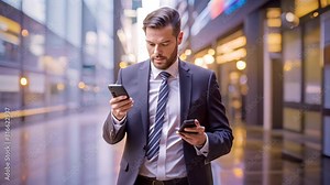 A man in a suit and tie multitasking with a cell phone in a modern setting, A businessman with a smartphone in hand, multitasking with ease