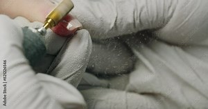 Master manicurist doing manicure procedure for woman client in beauty salon, remove gel polish with electric nail machine and clean finger using brush. A manicurist works with a milling machine. Macro