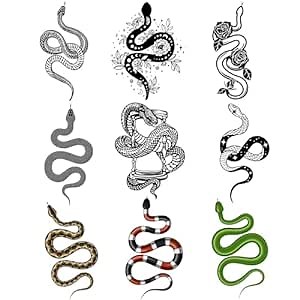 CARGEN Realistic Snake Temporary Tattoos - 3 Sheets 9 Design 3D Snake Stickers Fake Tattoos Snakes for Kids Snake Tattoos for Women Men Adult Green Rose Flower Star Hourglass Body Art Forearm Arm