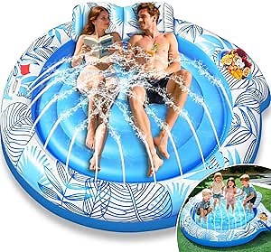 Inflatable Tanning Pool Lounger Float with Sprinkler, 72" x 47" Large Pool Floats Adults with Backrest & Drink Holder Blow Up Tanning Bed Lounger Pool Raft Floatie for Adults Water Party, Pink/Blue
