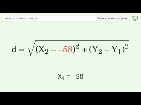 Find the distance between two points p1 (-58,-4) and p2 (-92,36): Step-by-Step Video Solution