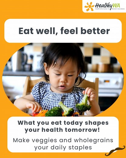 🥦 Eat well, feel better – every day! What you eat today shapes your health tomorrow. Good nutrition boosts energy, mood, and sleep, while helping you concentrate and beat stress. Make veggies and wholegrains your daily staples – your body and mind will thank you! #EatForEnergy #HealthyHabits #FeelYourBest | HealthyWA