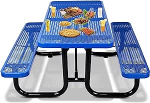 72" Expanded Metal Picnic Table with Umbrella Hole, Rectangular Picnic Table for Outdoor, Heavy Duty Sturdy Commercial Picnic Tables for Garden Courtyard - Blue