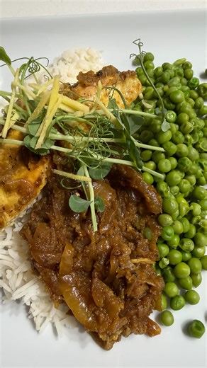 I’m at it again, making Indian food from scratch. Tonight it was Peppery Chicken Curry with basmati rice and peas, garnished with julienned ginger and pea tendrils. #indiancuisine #curry #healthycomfortfood | Cook For The Best You