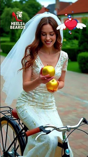 Bride on a Bike with Golden Apples | Unique Wedding Fashion Moment from Heels & Beards