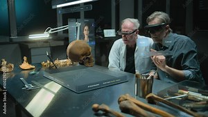 Advanced archaeological lab: Two scientists in VR headsets conducts historical research in augmented reality. 3D render of virtual display of AI assistant and simulator of ancient Neanderthal human.