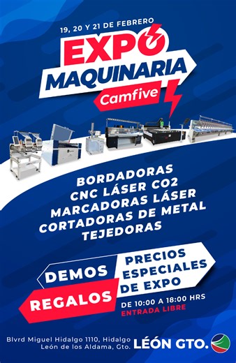 🚨 ¡ES MAÑANA! 🚨 Arranca la Expo Maquinaria CAMFive 2026 en León, Gto 🔥 Prepárate para demos en vivo, precios especiales de expo y la mejor tecnología en corte láser y bordado. 🎟️ Entrada libre 📍 ¡Te esperamos de 10:00a.m a 6:00p.m.! #CAMFive #ExpoCAMFive2026 #LeónGTO #MaquinariaIndustrial #EmprendeConTecnología | CAMFive México