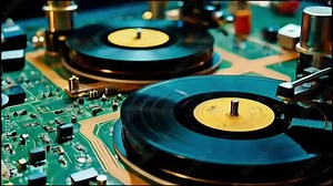 Vintage DJ turntable with a vinyl record spinning, capturing the essence of retro music and nightlife