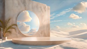 Abstract 3D rendering of a surreal landscape with a platform and a circular opening in the clouds. Stock Video