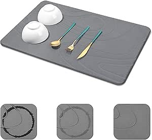 Snuggery Large Stone Drying Mat for Kitchen Counter - 24"x16" Dirt-Resistant Quick Drying Fast Absorbent Non-Slip Diatomite Mat, Natural Diatomaceous Earth Dish Drying Pad for Dish Rack(Dark Grey)