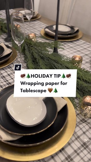 Holiday tip! Using wrapping paper to customize your tablescape is a quick and easy way to make it beautiful and save! If you have kids, this is a life saver. Well a runner saver 😂 #holidaytip #thanksgivingtablescape #holidaytsblescape #christmastablescape #wrappingpaperhack