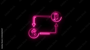 Neon line Bit coin to dollar, Crypt Exchange animation. Crypt currency exchange icon.Crypt currency and Digital Finance Concept