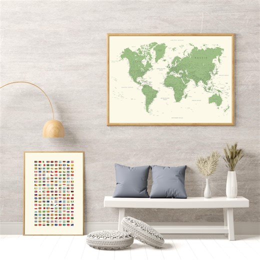 Green World Map With Flags Printable Set - Extra Large Green Wall Art - World Map With Country Flags, Educational Decor, Digital Download - Etsy