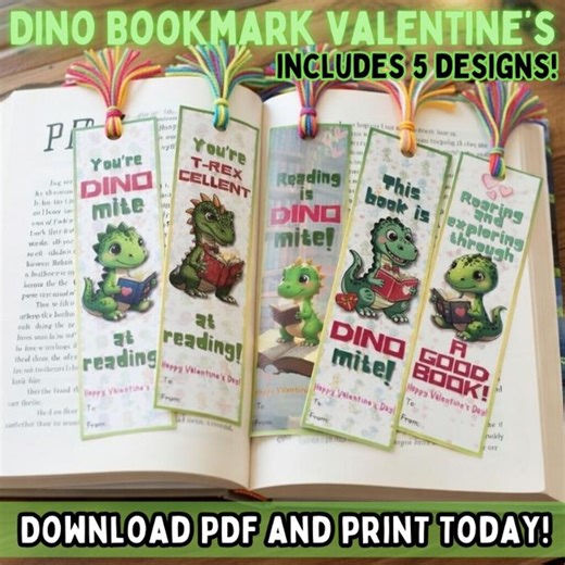 Dino Bookmark Valentine's Day Printable PDF, Dinosaur Bookmark, Valentine's for Kids, Valentine's for teachers, Allergy Free Valentine