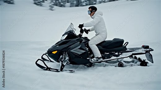Man in white outfit and goggles rides a black snowmobile on a snowy, cold landscape