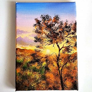 Sunset with Tree Landscape Acrylic Painting #art #artist #artwork #acrylic #painting #eldrawingarts #paintingartwork #acrylicpainting #sunsetpainting | El Drawing Arts