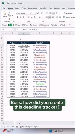 Your Excel Dictionary on Instagram: "How to create an interactive deadline tracker. ⏰ Download this free step-by-step guide I created using the link in my profile. #scribe #scribehow #excel #exceltips #exceltricks #spreadsheets #corporate #accounting #finance #workhacks #tutorial #sheets #ad #scribepartner"
