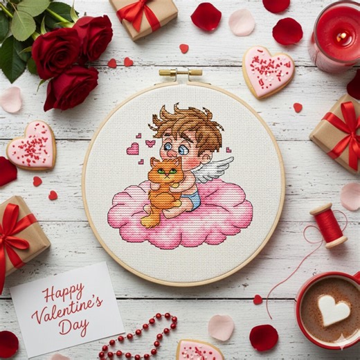 Cupid and Cat Cross Stitch Pattern PDF Instant Download, Valentine's Day Cross Stitch Pattern, Cupid Cross Stitch, Valentine's Day Love - Etsy
