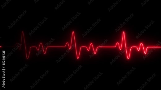 Neon heartbeat and monitor animation, red heart beat line animation on black background, ECG neon electrocardiogram pulse 4k video motion