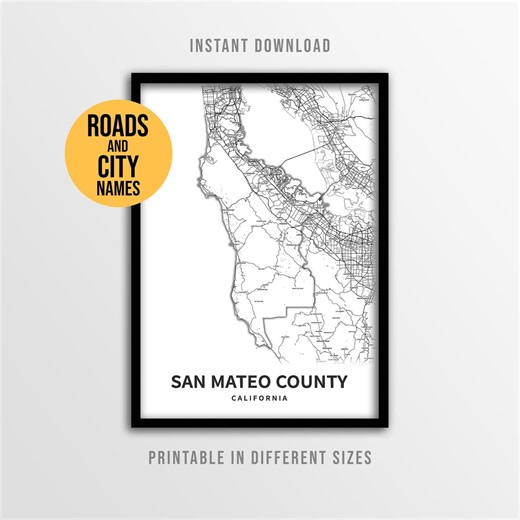San Mateo County Map Poster, Printable California Road Map With City Names (instant Download) - Etsy