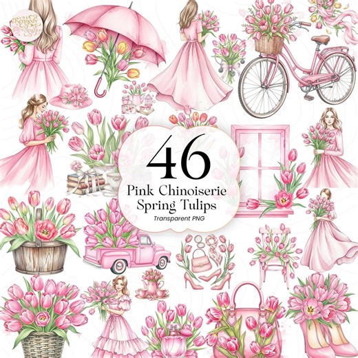Pink Chinoiserie Spring Tulips PNG Clipart Bundle Watercolor Floral Spring Decor for Crafts, PCHST-001 - Etsy