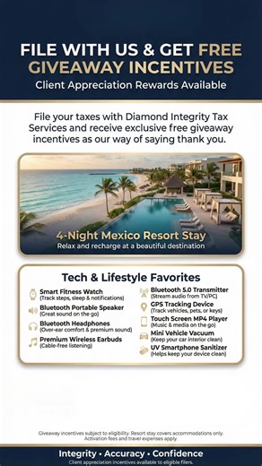 You already have to file your taxes. Why not get rewarded for it? When you file with 𝗗𝗶𝗮𝗺𝗼𝗻𝗱 𝗜𝗻𝘁𝗲𝗴𝗿𝗶𝘁𝘆 𝗧𝗮𝘅 𝗦𝗲𝗿𝘃𝗶𝗰𝗲𝘀, you may qualify for 𝗳𝗿𝗲𝗲 𝗴𝗶𝘃𝗲𝗮𝘄𝗮𝘆 𝗶𝗻𝗰𝗲𝗻𝘁𝗶𝘃𝗲𝘀 as our way of saying thank you — including a 𝟰-𝗻𝗶𝗴𝗵𝘁 𝗠𝗲𝘅𝗶𝗰𝗼 𝗿𝗲𝘀𝗼𝗿𝘁 𝘀𝘁𝗮𝘆 𝗼𝗿 𝘁𝗲𝗰𝗵 & 𝗹𝗶𝗳𝗲𝘀𝘁𝘆𝗹𝗲 𝗳𝗮𝘃𝗼𝗿𝗶𝘁𝗲𝘀. ✔️ Professional tax preparation ✔️ Trusted, accurate service ✔️ Real rewards for real clients 👉 𝗖𝗹𝗶𝗰𝗸 𝘁𝗵𝗶𝘀 𝗹𝗶𝗻𝗸: https://calen