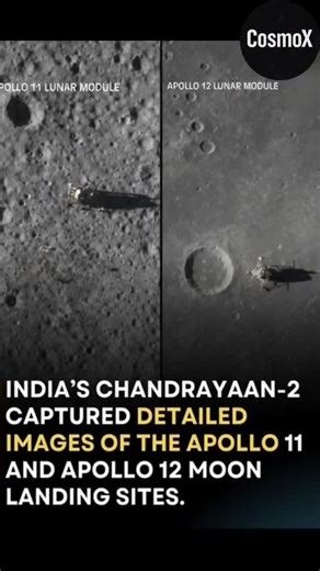 CosmoX on Instagram: "India’s Chandrayaan-2 orbiter captured high-resolution images of the Apollo 11 and Apollo 12 lunar landing sites, clearly showing the lunar modules still resting on the Moon’s surface — along with long shadows and surrounding surface disturbances. These are not artist impressions. These are not simulations. These are real images from lunar orbit. Because the Moon has no atmosphere, human-made structures and marks can remain visible for decades — and that’s exactly what we’r