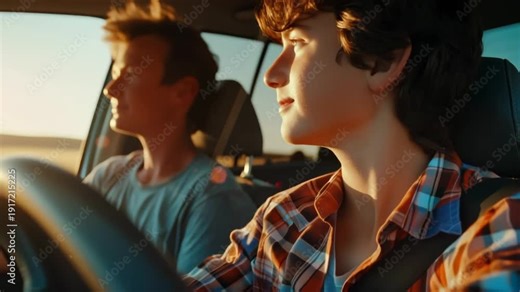 smiling white teenage driver in car, sunlit profile of confident learner behind wheel, father relaxed in passenger seat, practice drive on open highway, warm sunlight, joyful expression,