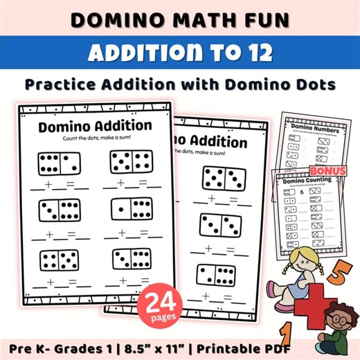 Domino Addition to 12 | No Prep Math Worksheets | PreK–Grade 1 | Number 1-10