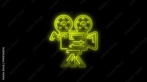 Film Camera Outline Icon in HD Video Neon Animation – Cinematography and Photography Symbol with Dynamic Glow on Black Background
