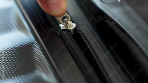 Zipper on suitcase, close-up. Hands open zipper of a black travel luggage.