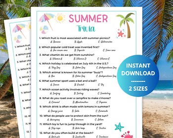 Summer Trivia Game for Kids, Fun Beach Trivia Activity for Family Parties, Camps