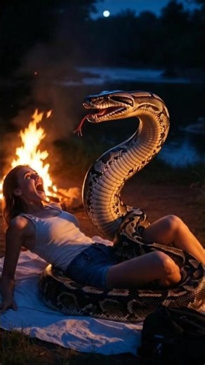 She Was Resting by the Campfire — Then a Giant Python Wrapped Around Her 😱🔥🐍 #shorts #subscribe