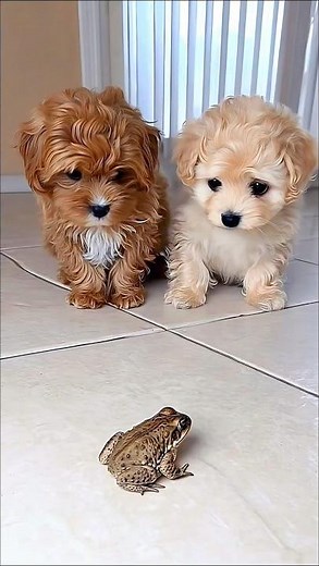 two cute puppies meets a frog for the first time adorable video #dog #puppy #cutedog #frog #shorts