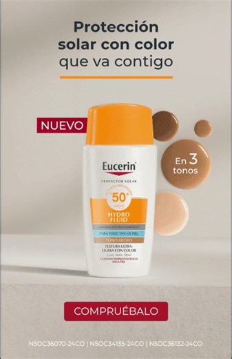 Eucerin Hydro Fluid FPS 50 con color brinda una muy alta protección solar, mientras unifica tu piel. ¡Encuentra el tono que va contigo! #ProtecciónSolar #EucerinHydroFluid #ProtectorConColor | Eucerin