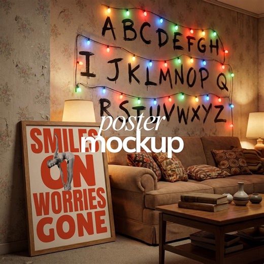 Stranger Things Retro Alphabet Poster Mockup | Vintage Thriller Living Room Scene - Etsy